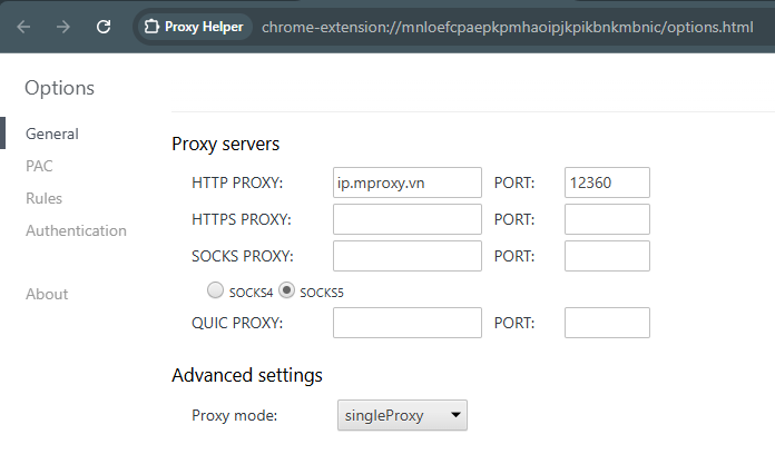 Sử dụng proxy trên tiện ích Proxy Helper